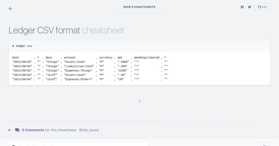 Ledger CSV format cheatsheet